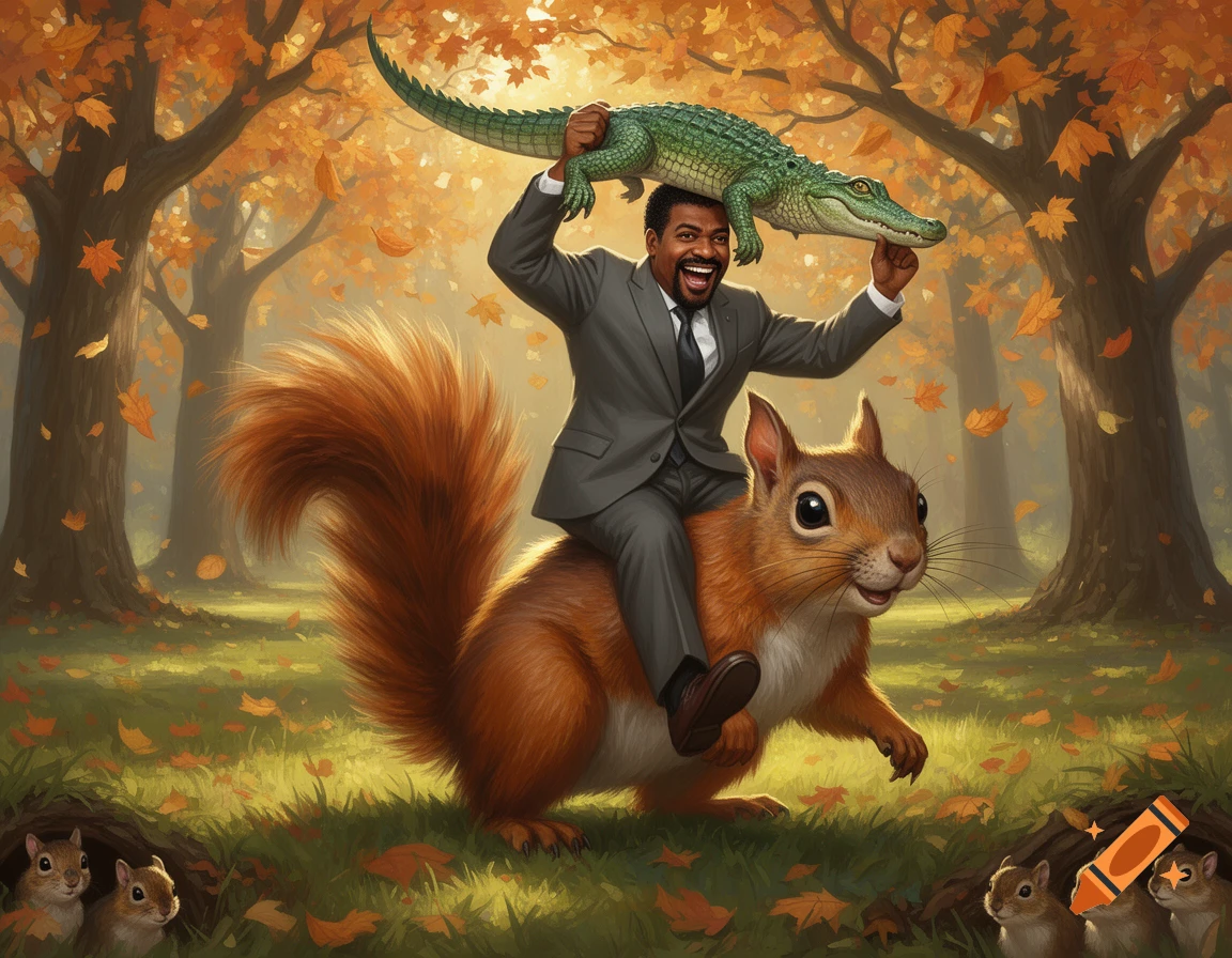 Neil deGrasse Tyson riding a giant squirrel through an autumn forest ...