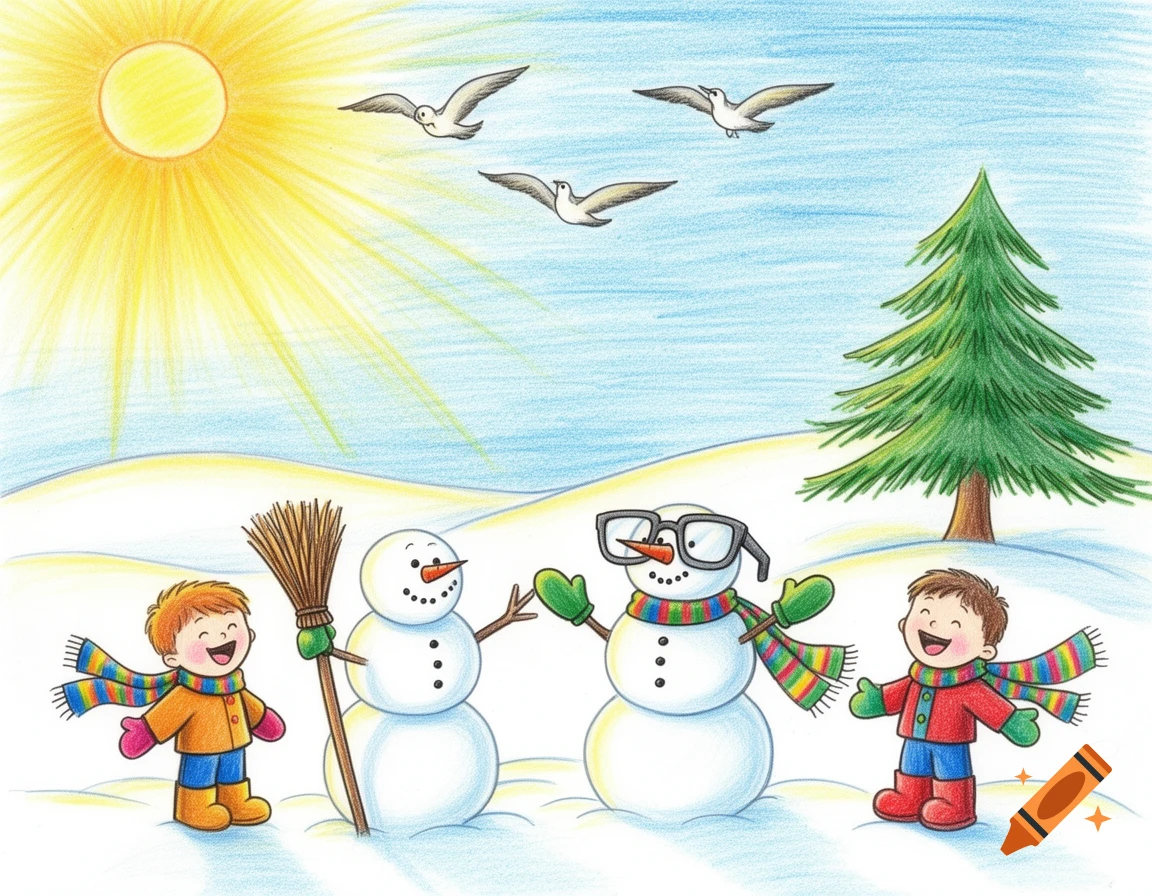 A colorful children's drawing of two happy kids with two snowmen in a ...