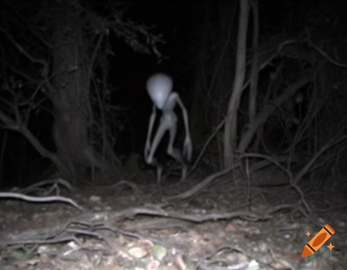 A grainy, low-quality trailcam image of a tall, pale alien creature ...