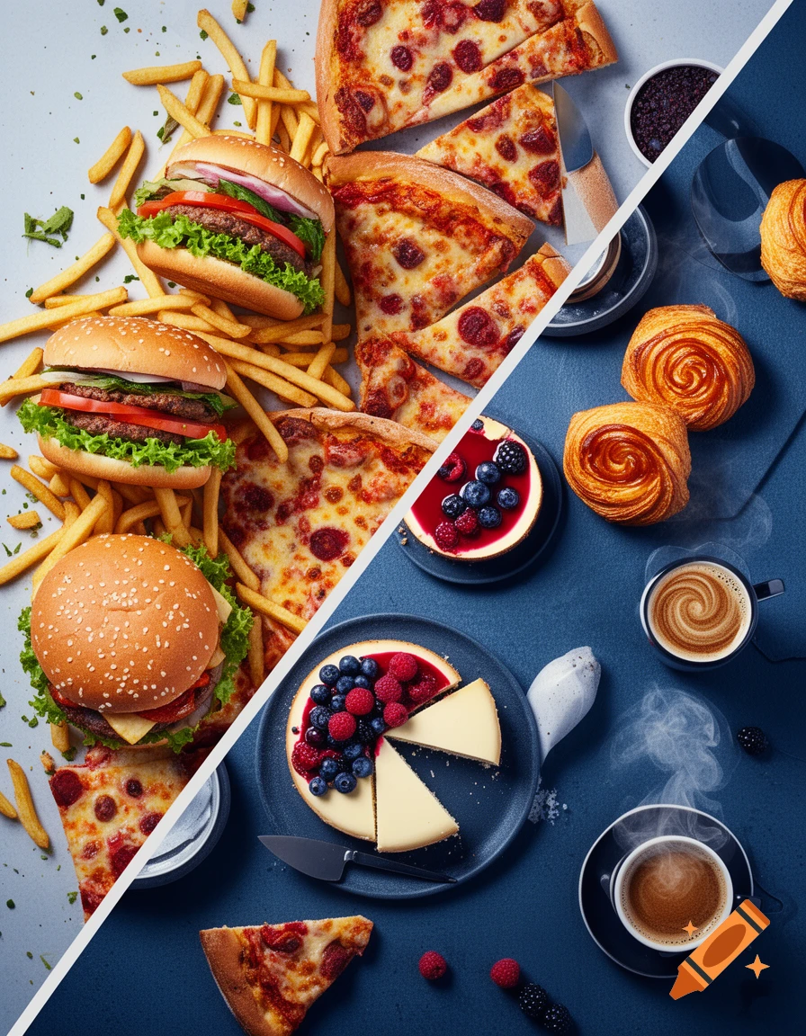 Top-view, diagonally split image featuring fast food like burgers ...