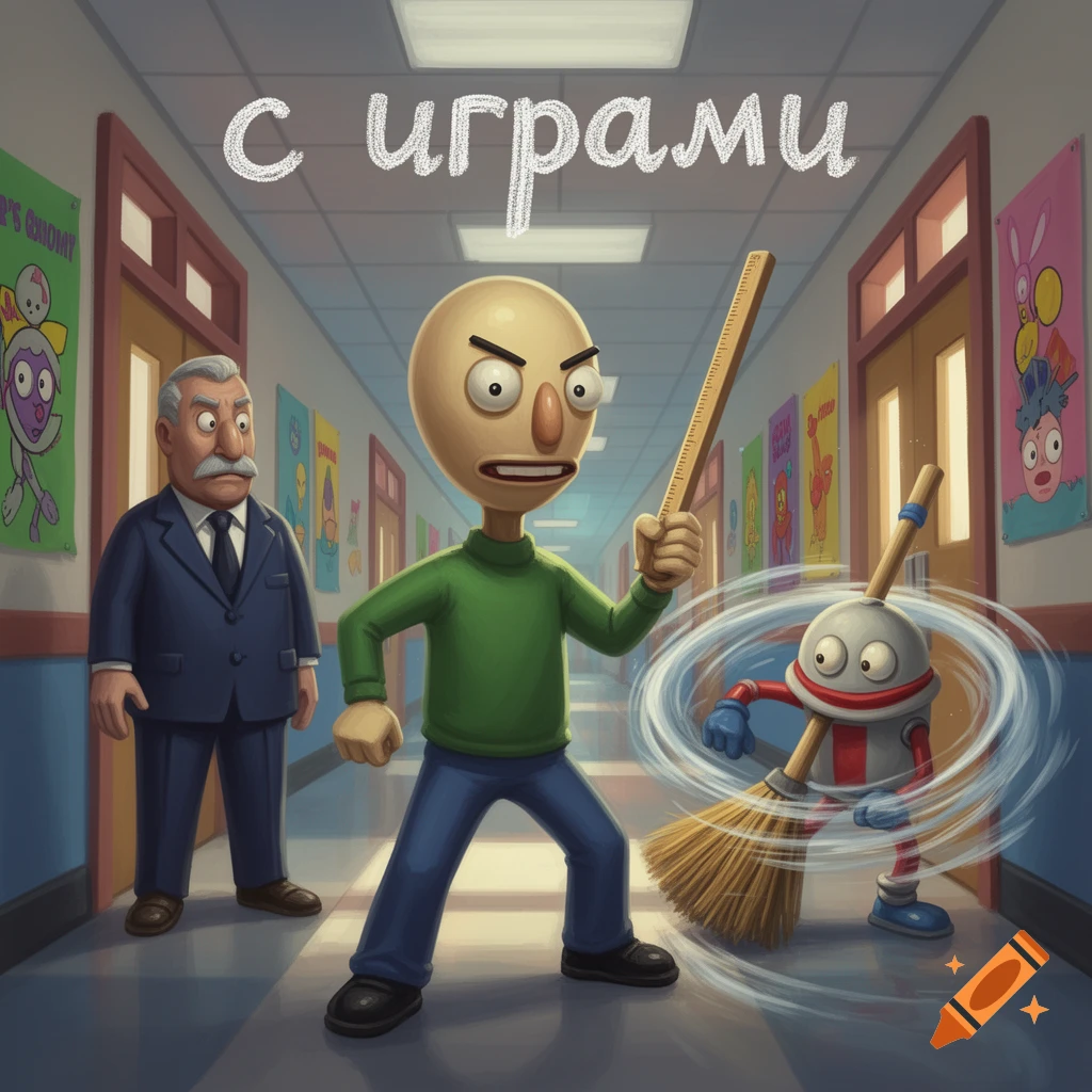 Angry Baldi holds a ruler, Gotta Sweep spins with a broom, and the ...