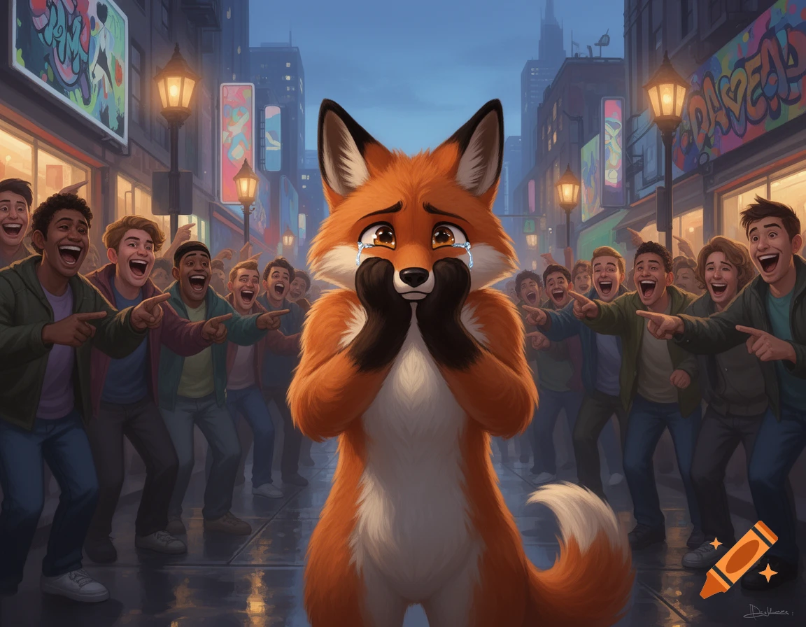 A crying orange furry covers its face while a group of men point and ...