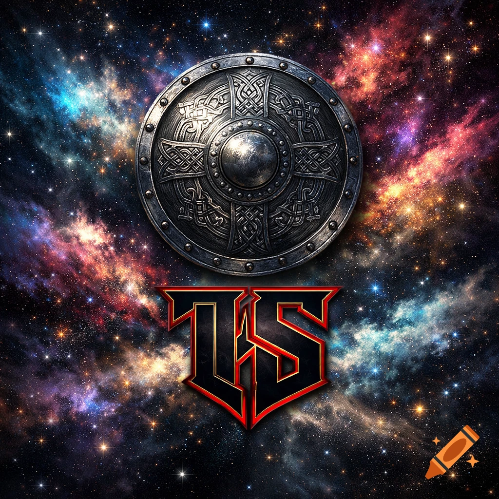 A detailed metal shield with Celtic knot patterns centered against a ...