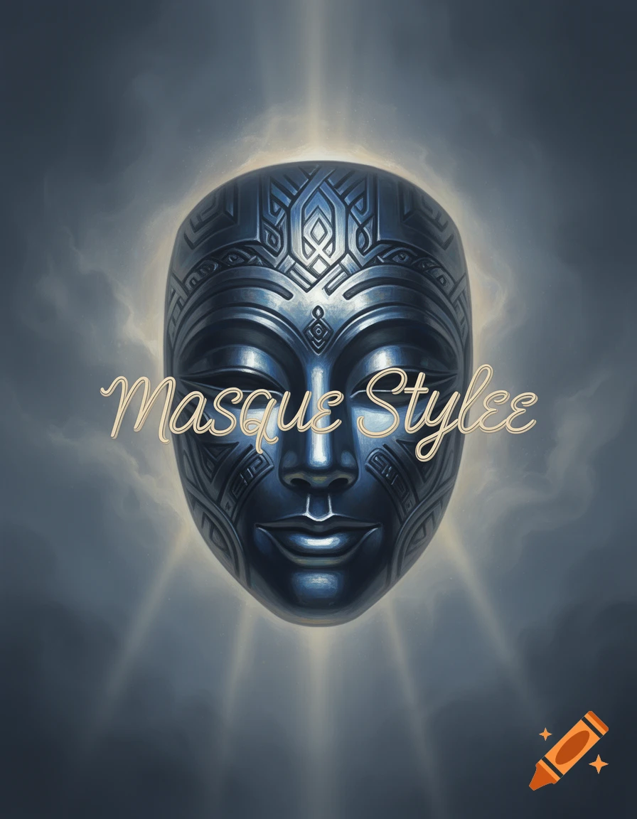 An ornate blue tribal-style mask with patterns, glowing against a ...