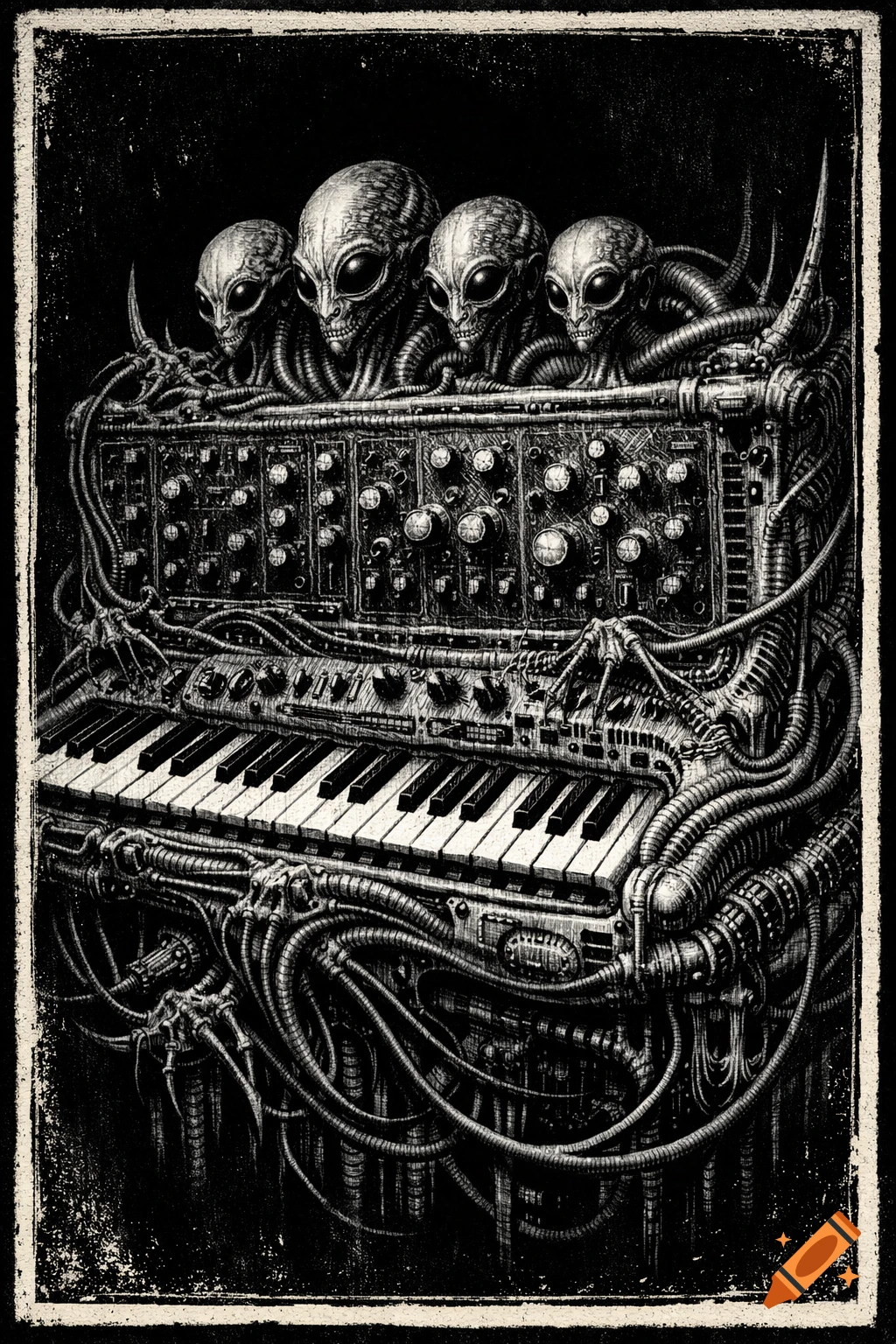 Dark, monochromatic Giger-esque art featuring a biomechanical ...