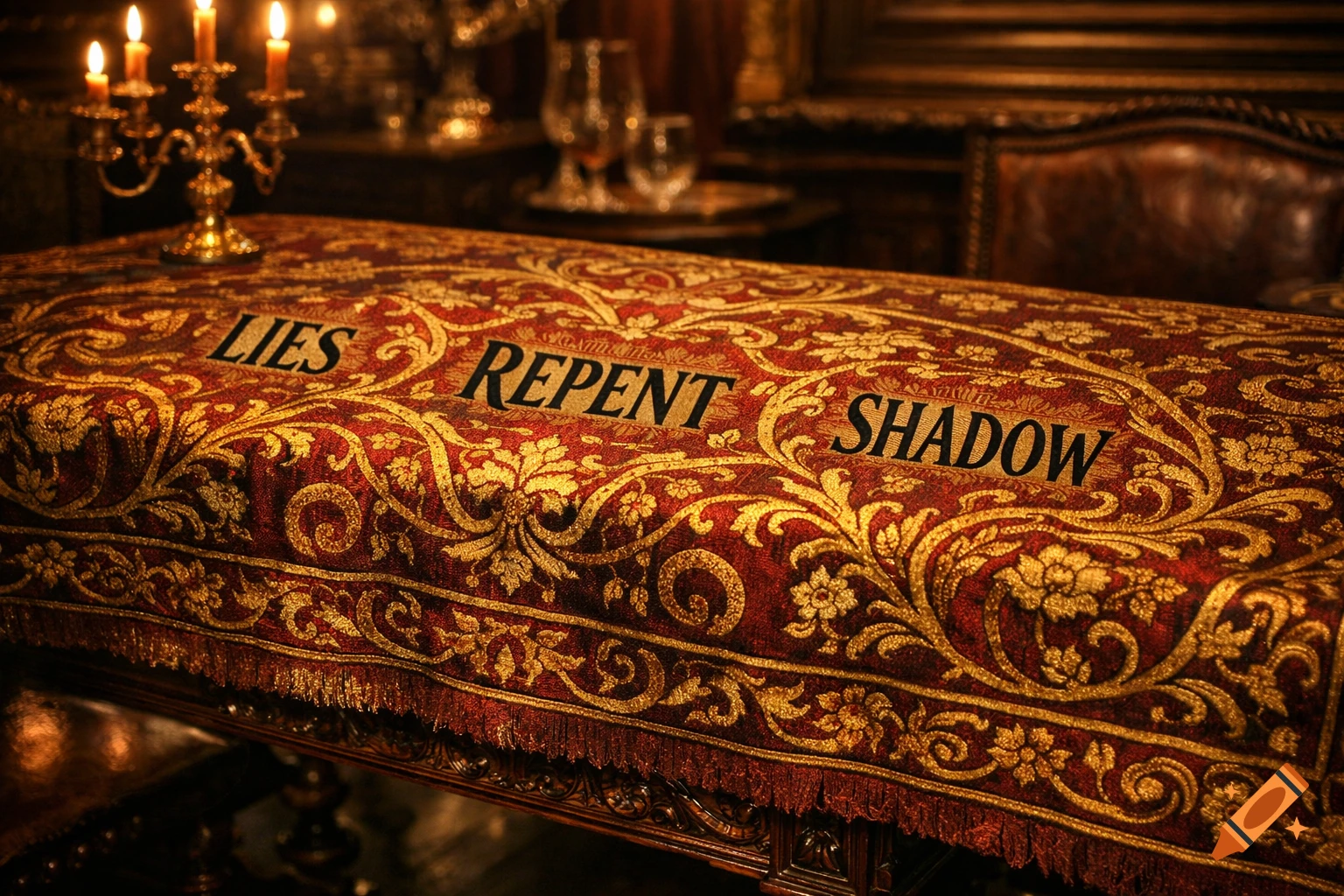 A luxurious red and gold patterned tablecloth with 'LIES', 'REPENT ...