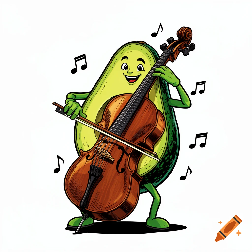A happy cartoon avocado character playing a cello in a comic style ...