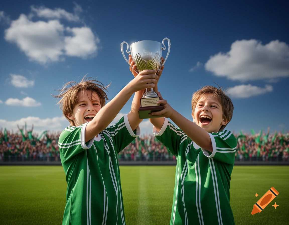 Two excited young boys in green jerseys raise a silver trophy over ...