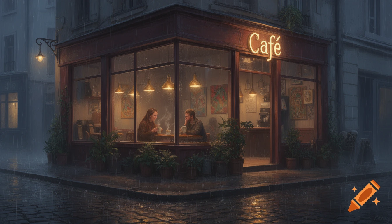 A couple sips coffee inside a warm, glowing cafe on a rainy city street ...