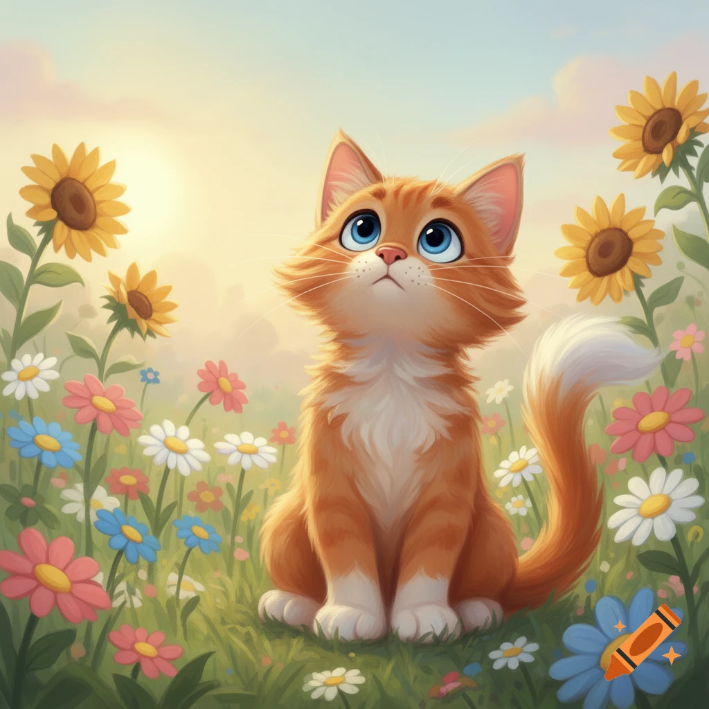 A cute orange cartoon cat with blue eyes sits in a sunny field of ...