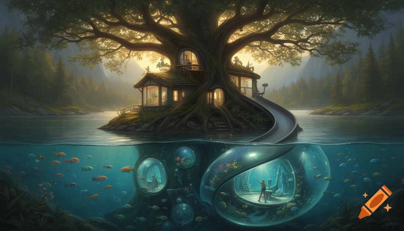A fantastical treehouse on a lake, featuring underwater glass bubble ...