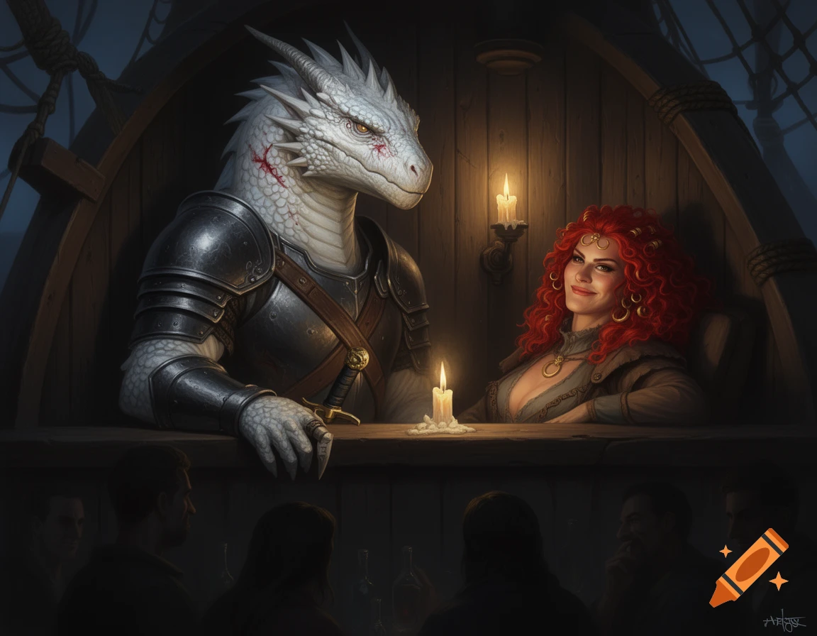 A white dragonborn bodyguard in armor and a red-haired woman with a ...