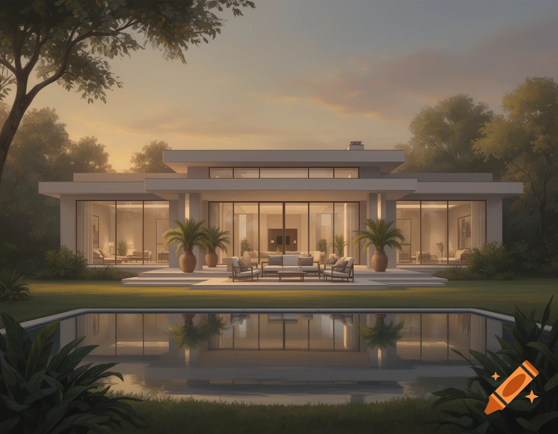 Modern, single-story house with glass walls and a patio, reflected in ...