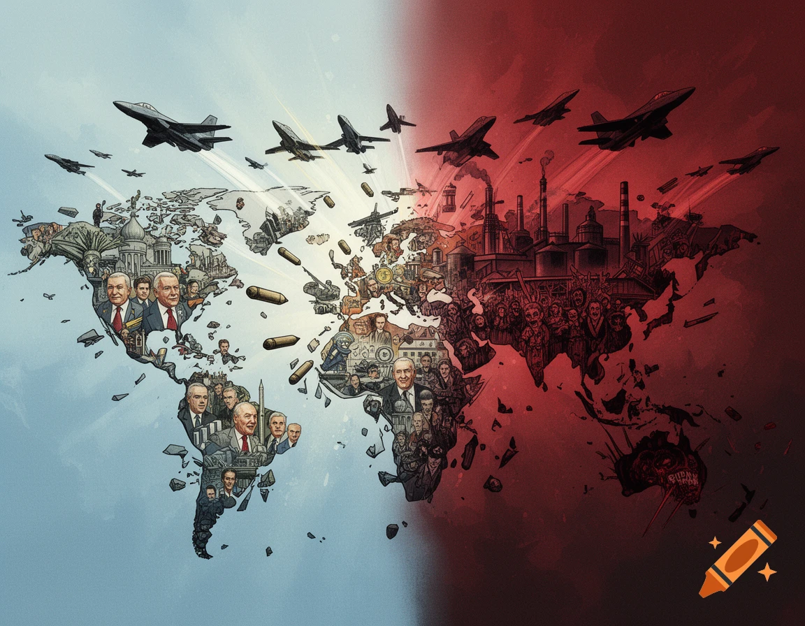 A symbolic, split-tone illustration of a world map. One side is light ...