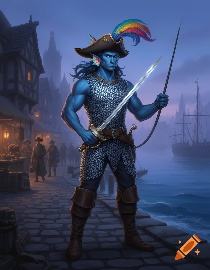 A muscular blue-skinned swashbuckler in chainmail, feathered tricorne ...