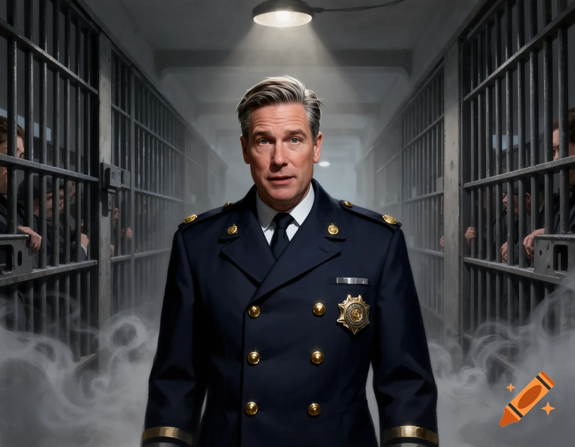 A man in a dark blue prison guard uniform stands in a dimly lit prison ...