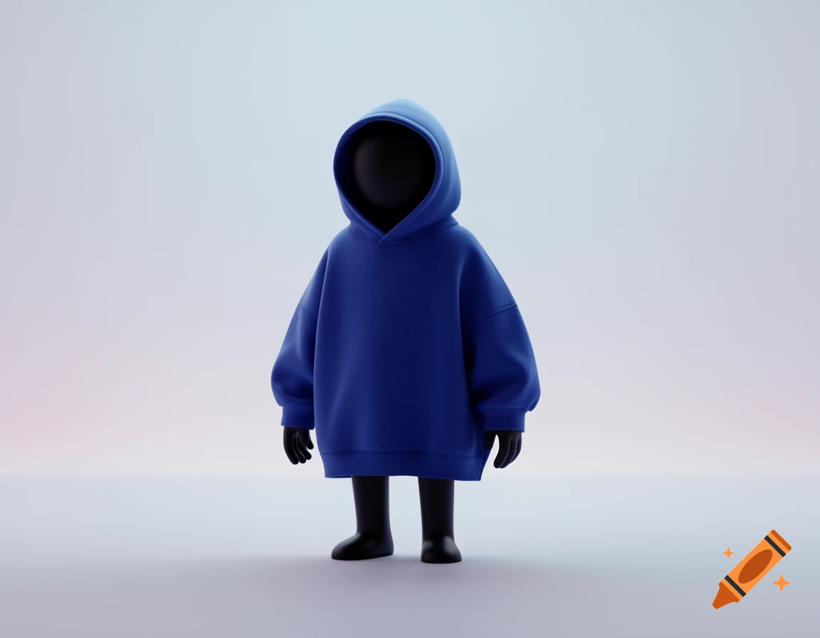 A black, faceless character in an oversized blue hoodie stands against ...