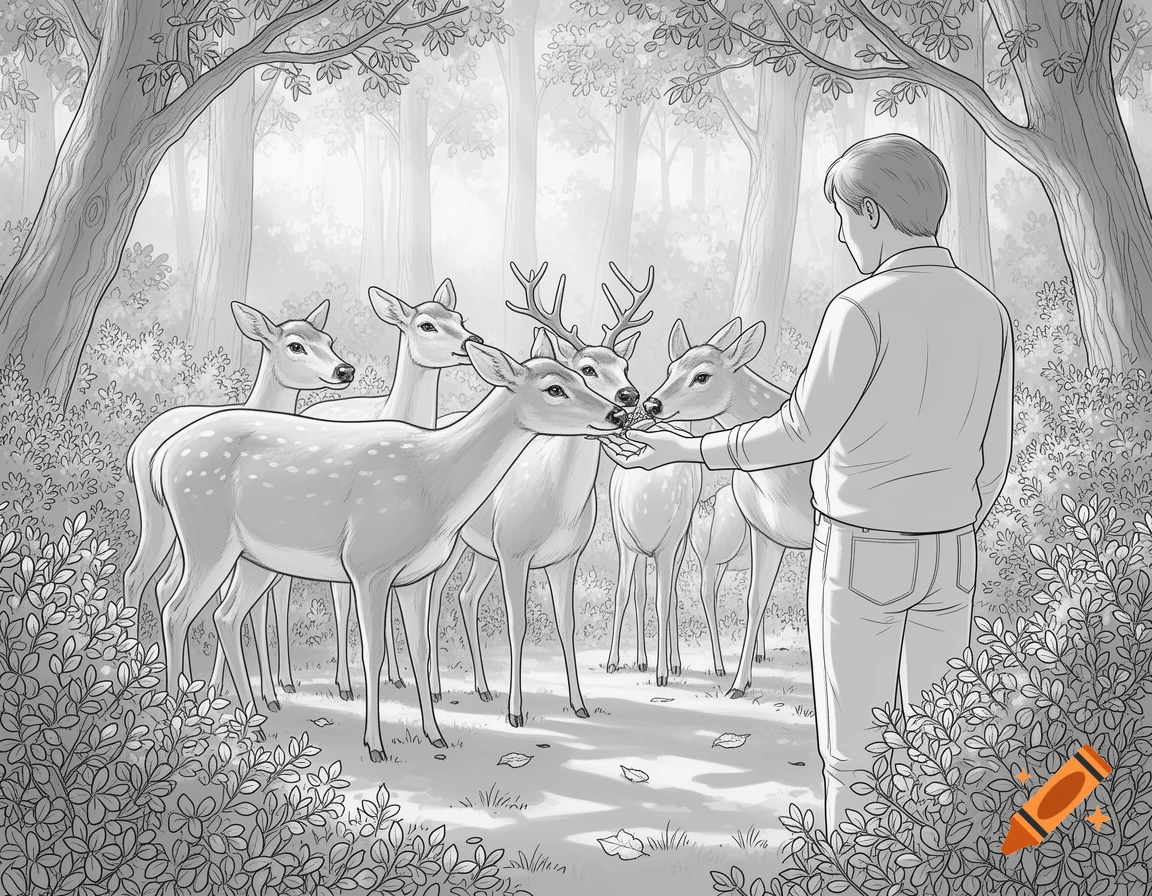 Black and white line art illustration of a person feeding several deer ...