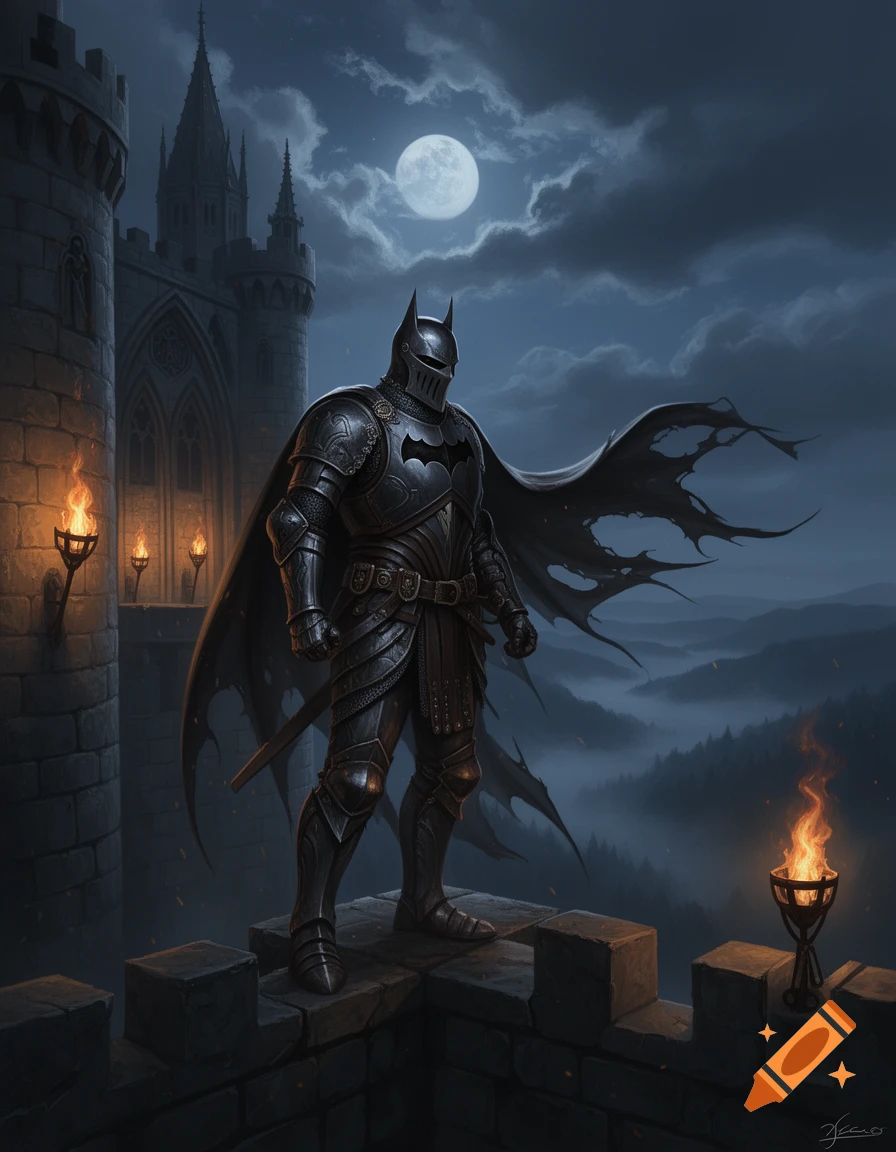 A knight in Batman-themed armor stands on a gothic castle wall at night ...