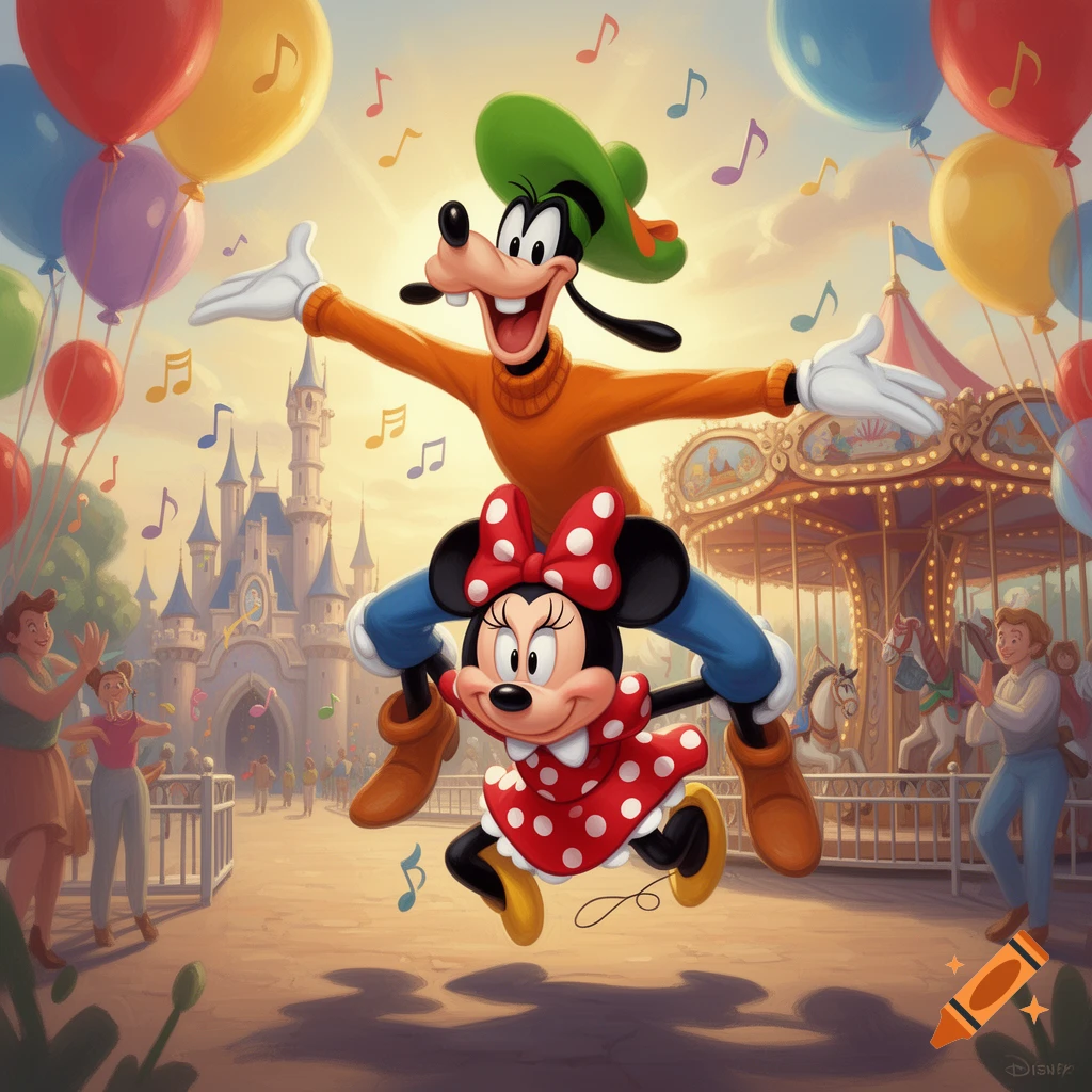 Goofy rides on Minnie Mouse's shoulders, smiling, amidst balloons and ...