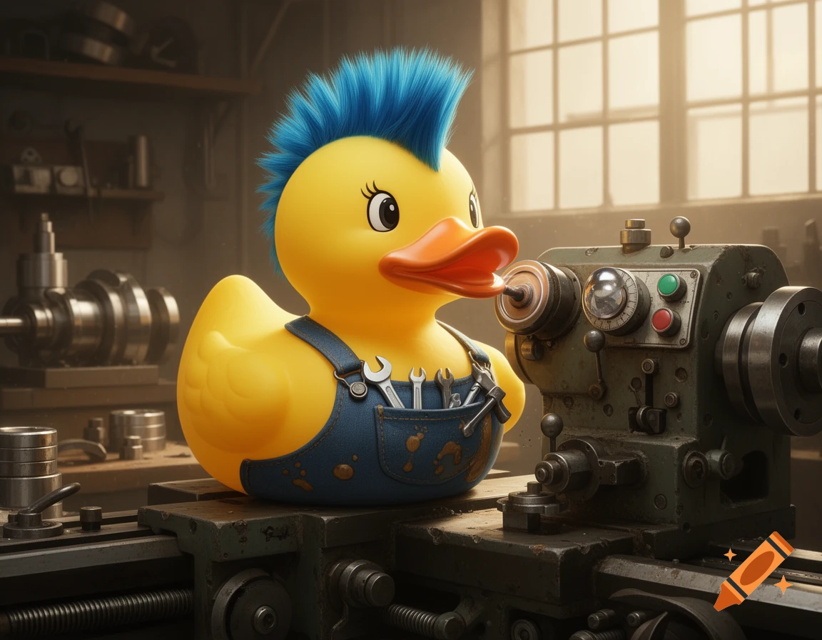 A photorealistic yellow rubber duck with a blue mohawk and denim ...