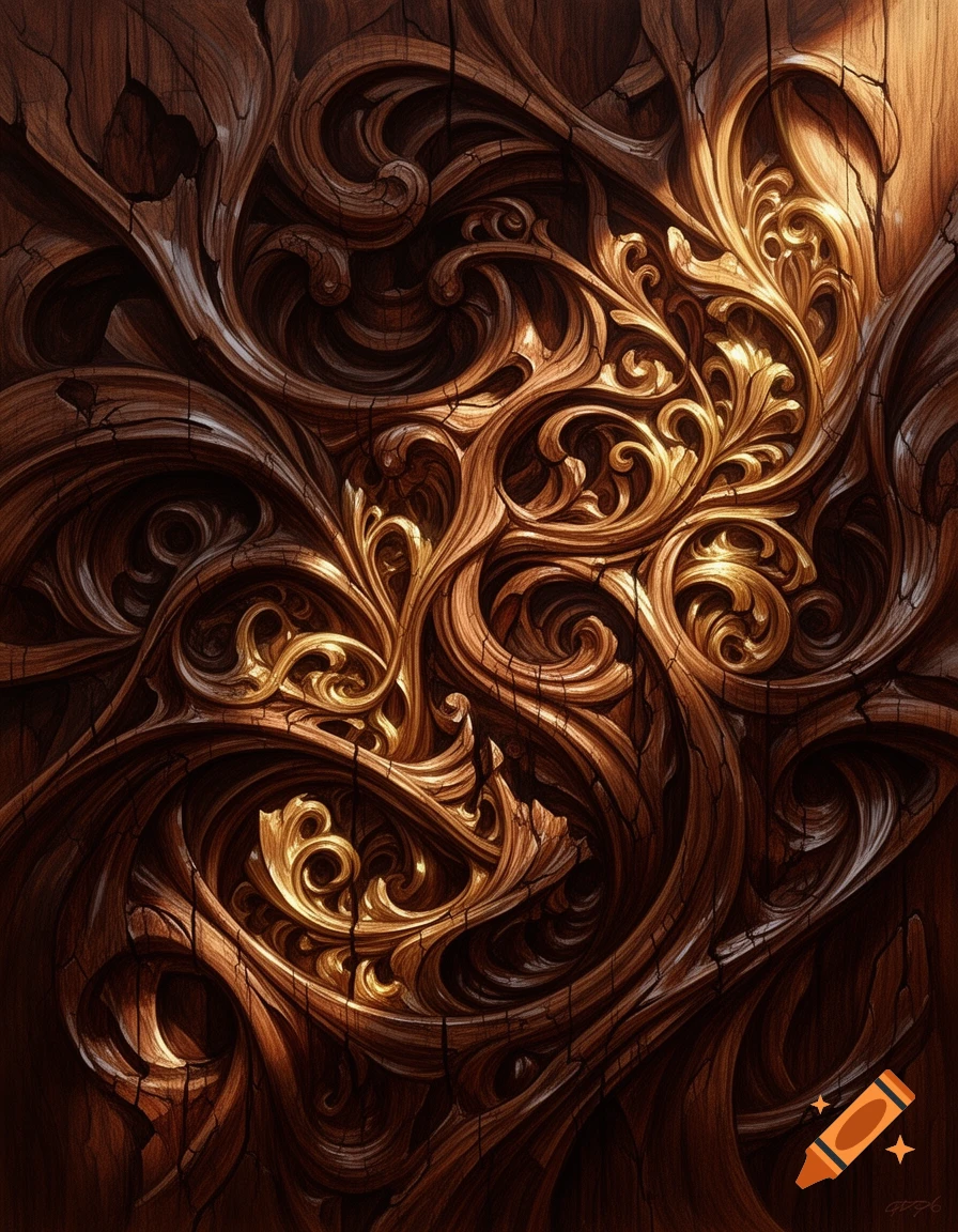Intricate wood carving with swirling golden and dark brown patterns ...