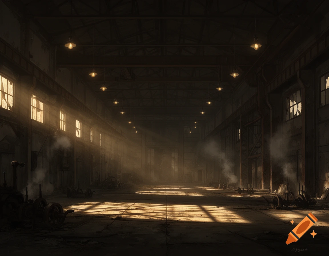 Dark, abandoned factory interior with sunlight through broken windows ...