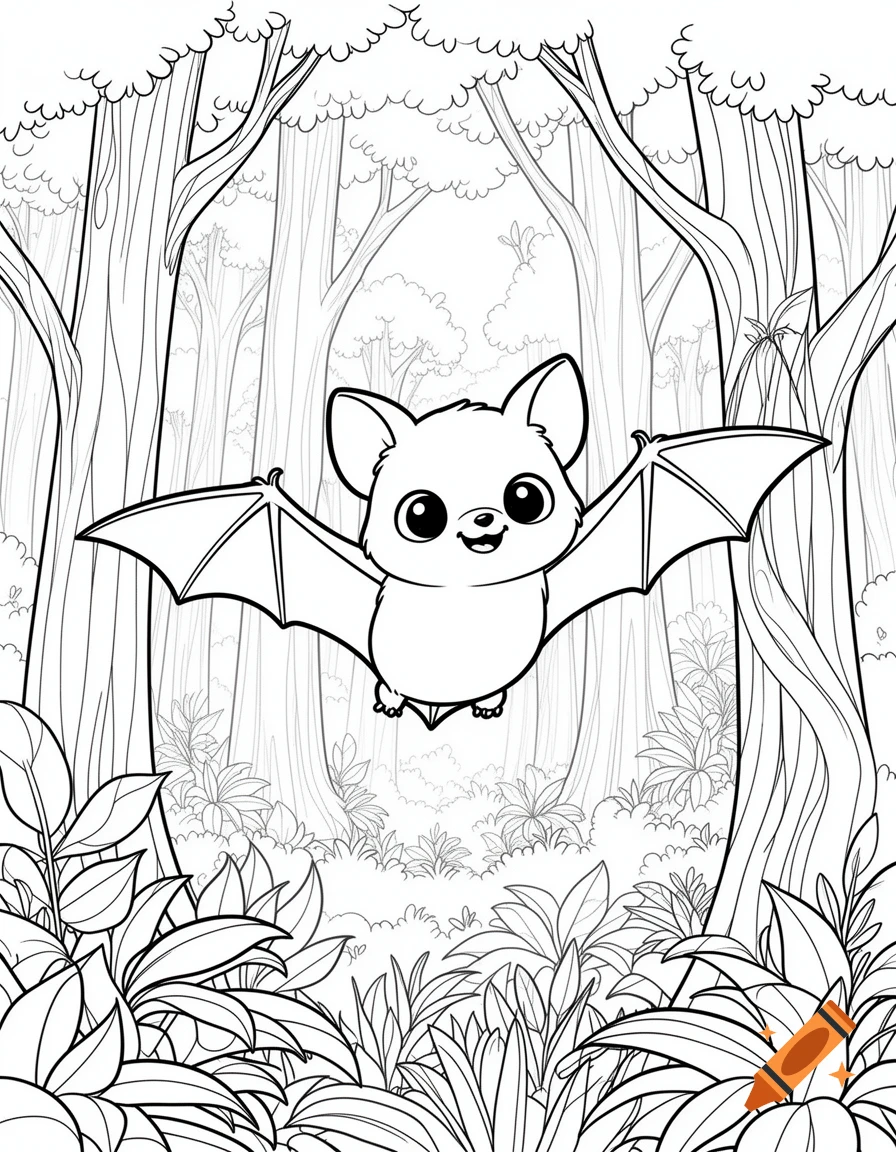 A cute, friendly bat with big eyes and a smile flies in a jungle ...