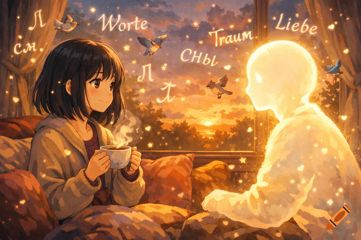 Anime girl sips tea across from a glowing figure, surrounded by ...