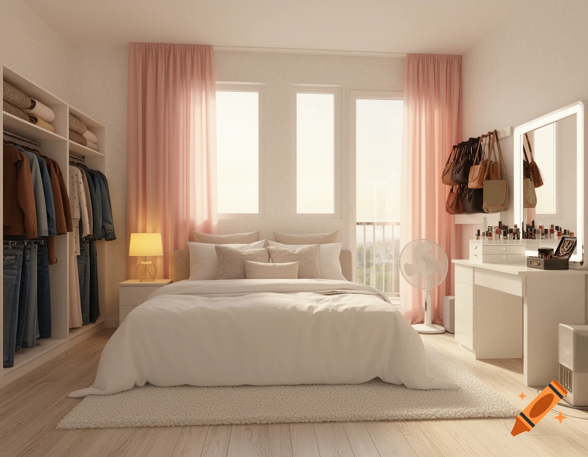 A well-lit bedroom with a large white bed, pink curtains, an open ...