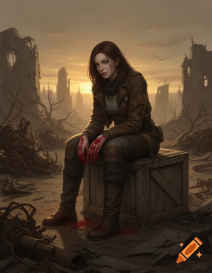 A woman with bloody hands sits on a wooden crate in a ruined city at ...