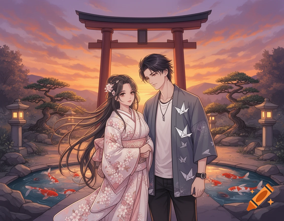 Anime couple in a Japanese garden with a red torii gate, koi pond, and ...
