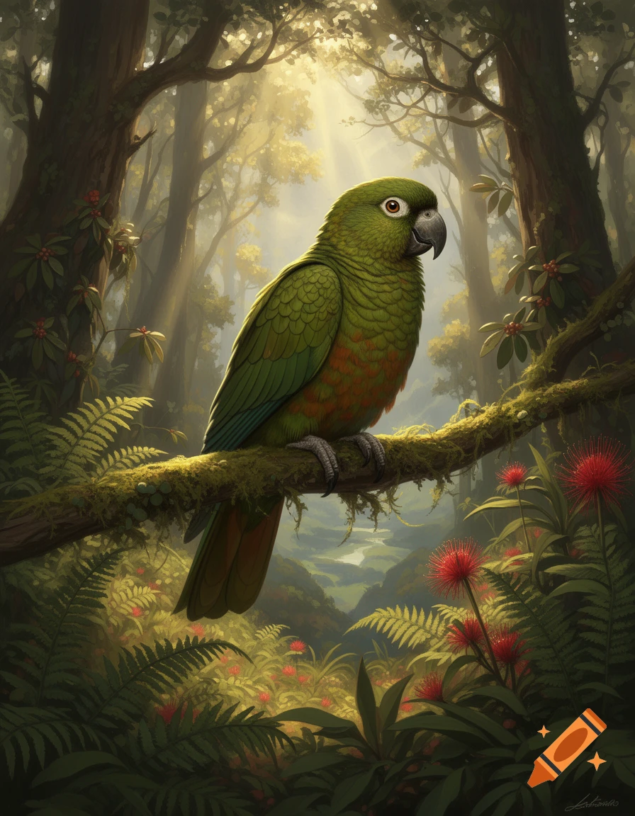 A vibrant green parrot with a reddish belly perches on a mossy branch ...