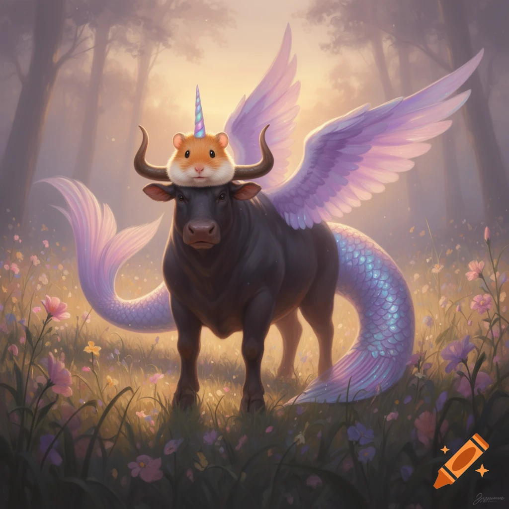 A fantastical bull creature with large lavender wings, a shiny blue ...