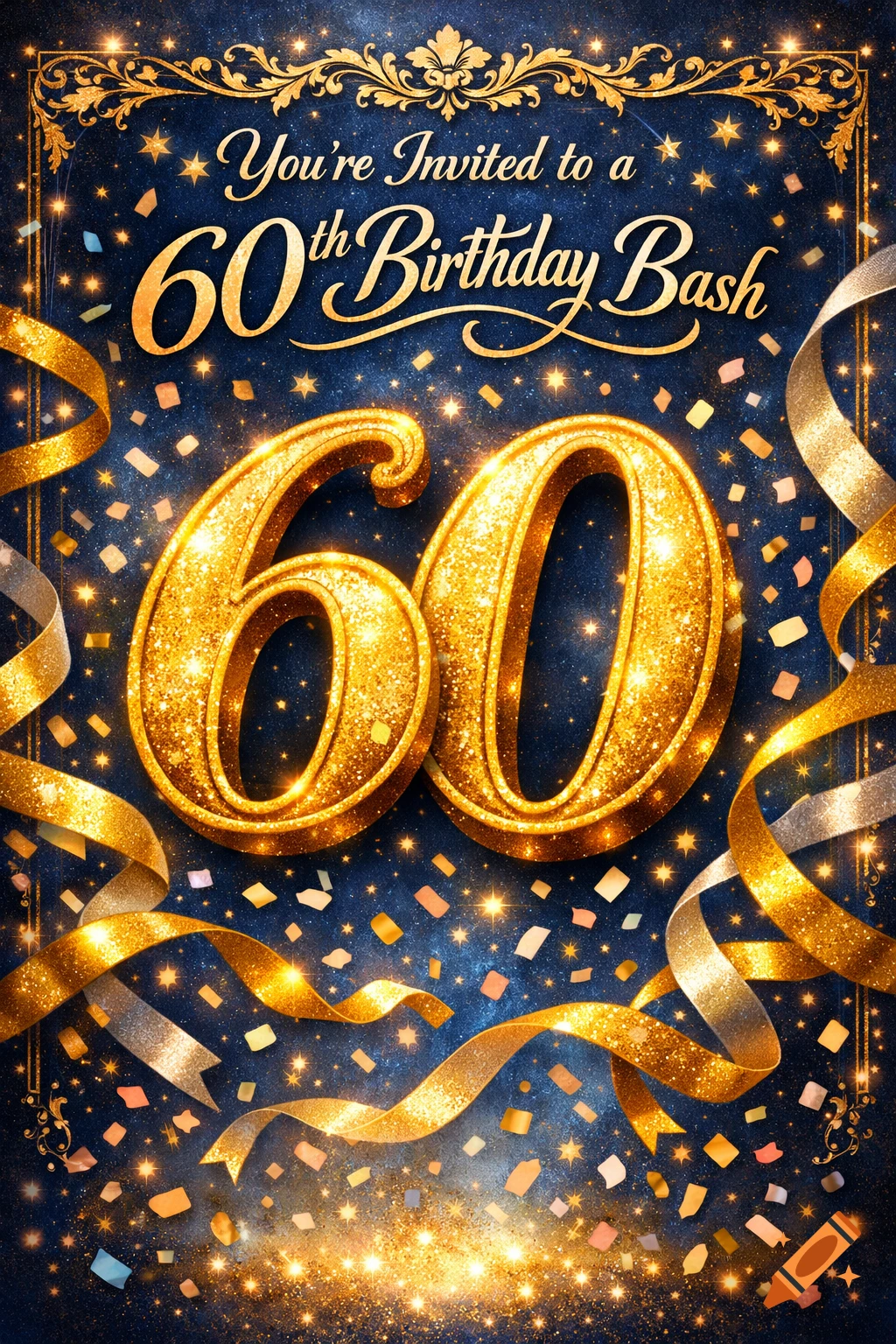A glittering 60th Birthday Bash invitation with golden text, ribbons, and confetti on a deep ...