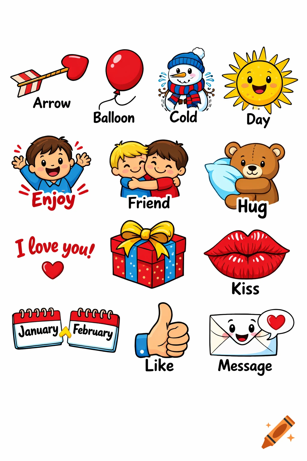 A grid of colorful cartoon clipart images on a white background, each ...