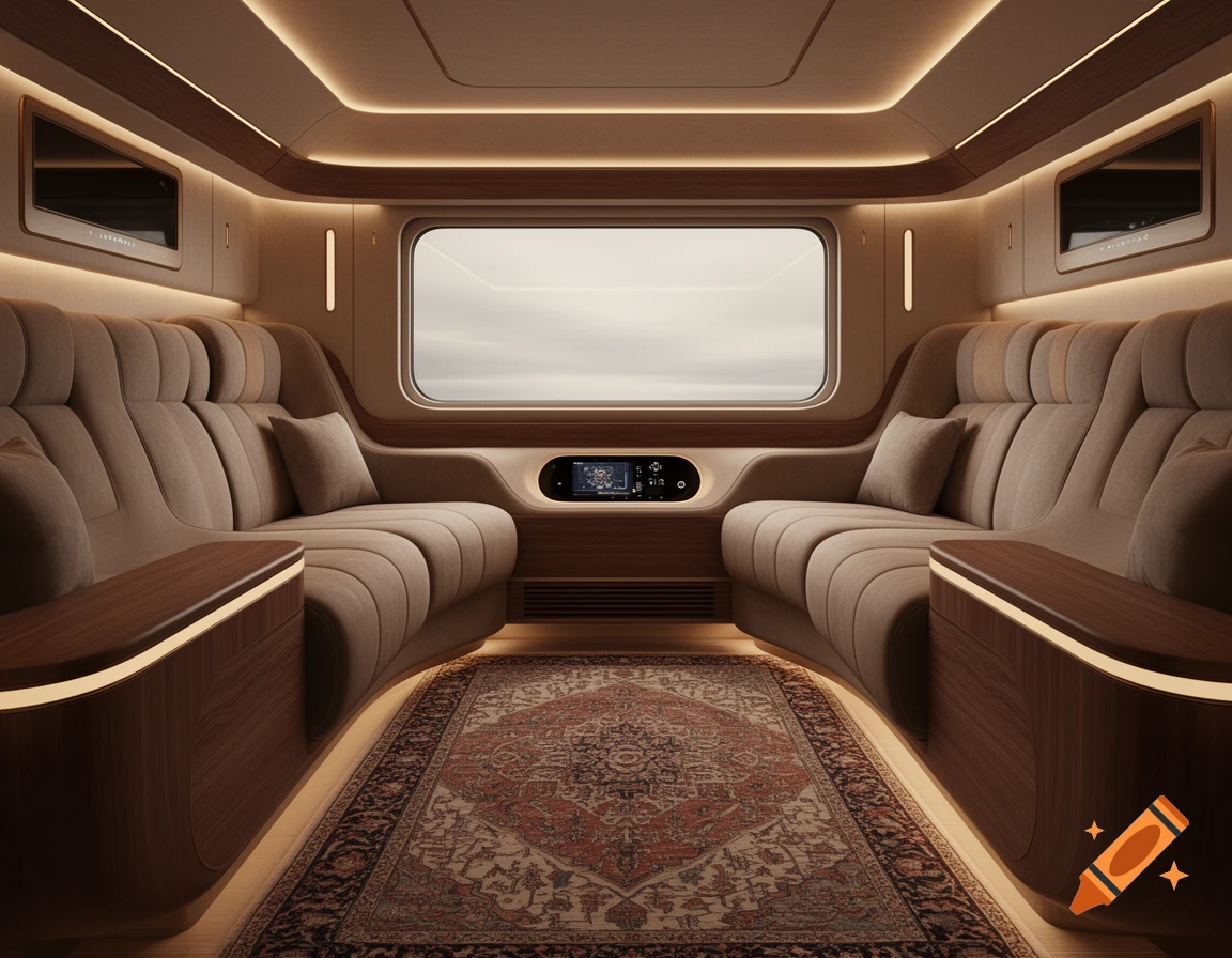 A luxurious, modern train cabin interior with plush beige seating ...
