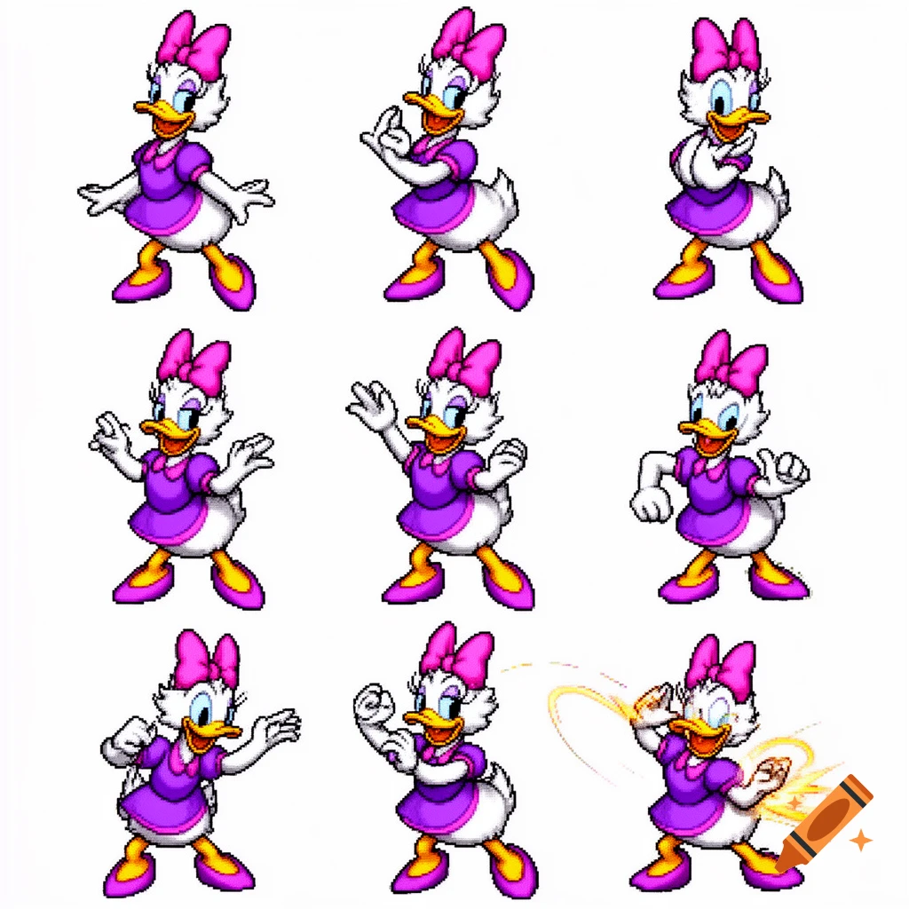 A pixel art sprite sheet featuring nine different action poses of Daisy ...