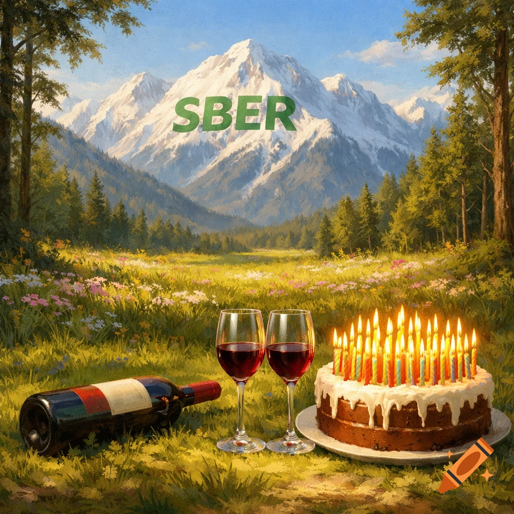 Painted landscape with a snow-capped mountain bearing the word 'SBER ...