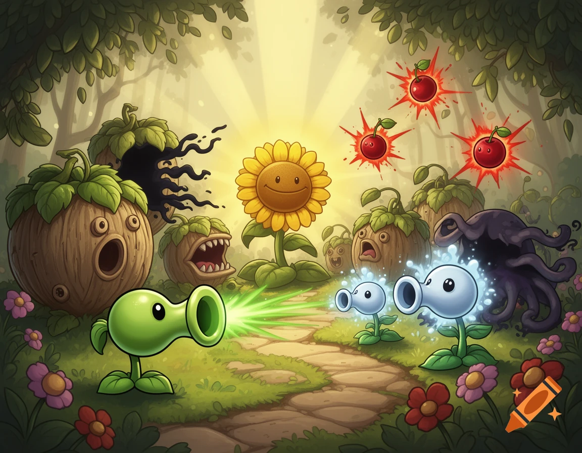 Cartoon plants battle shadowy creatures on a forest path, featuring a ...