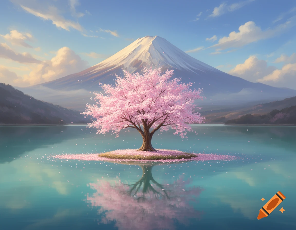A vibrant pink cherry blossom tree on a small island in a serene lake ...