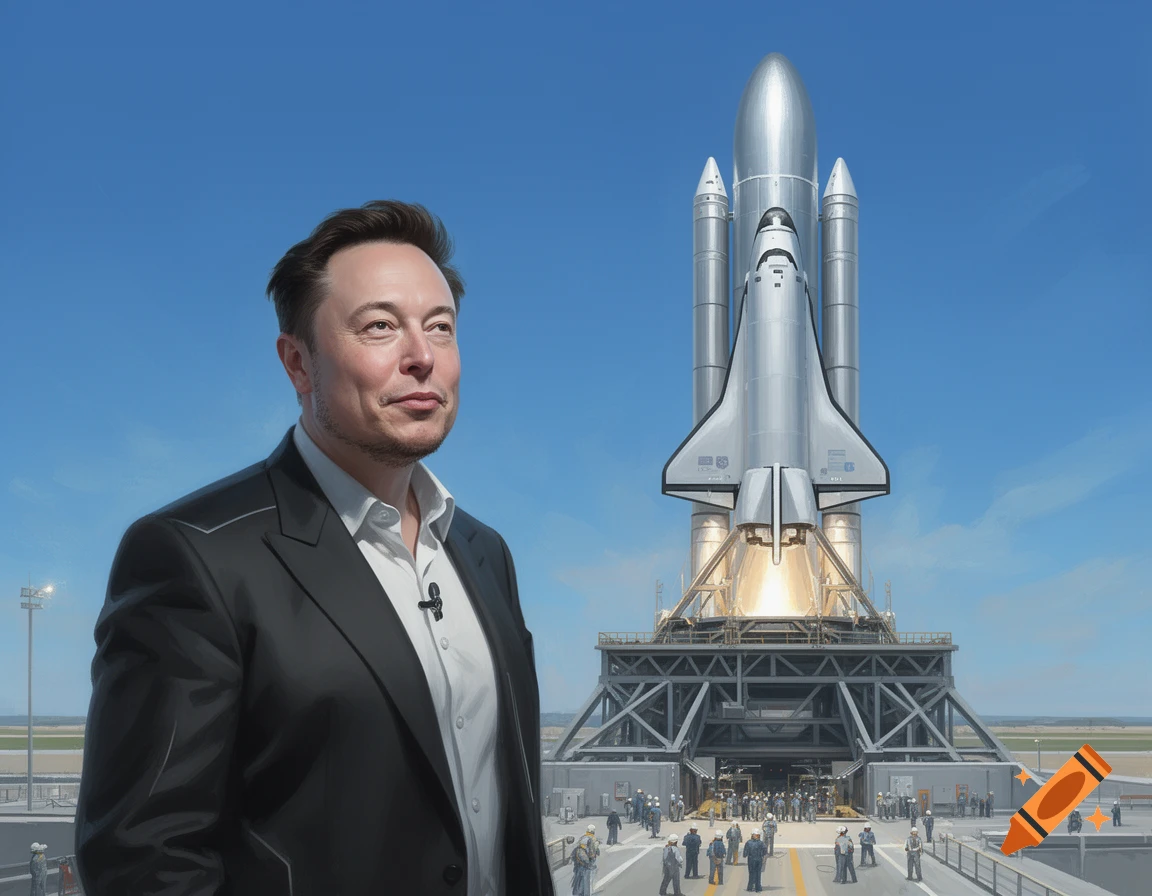 Elon Musk stands smiling in front of a large rocket on a launchpad ...