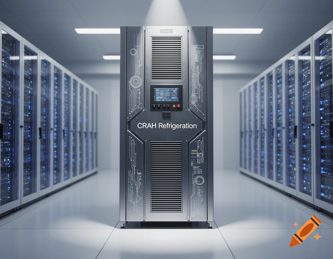 A large, silver CRAH refrigeration unit stands in a bright, modern data ...