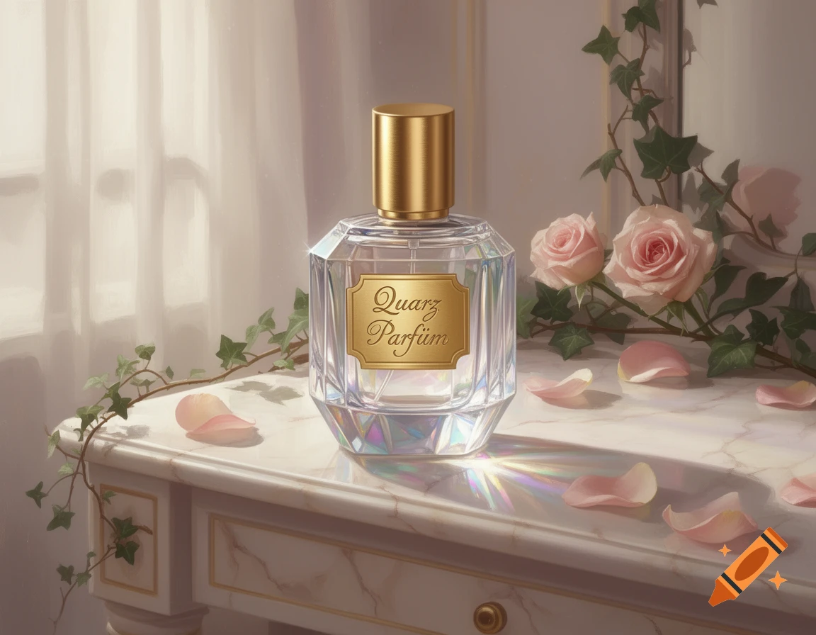 A crystal perfume bottle with a gold cap on a marble vanity, surrounded ...