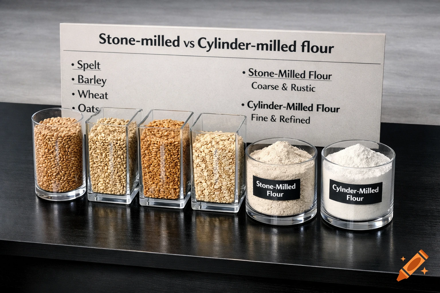 Assorted grains (spelt, barley, wheat, oats) and two types of flour ...