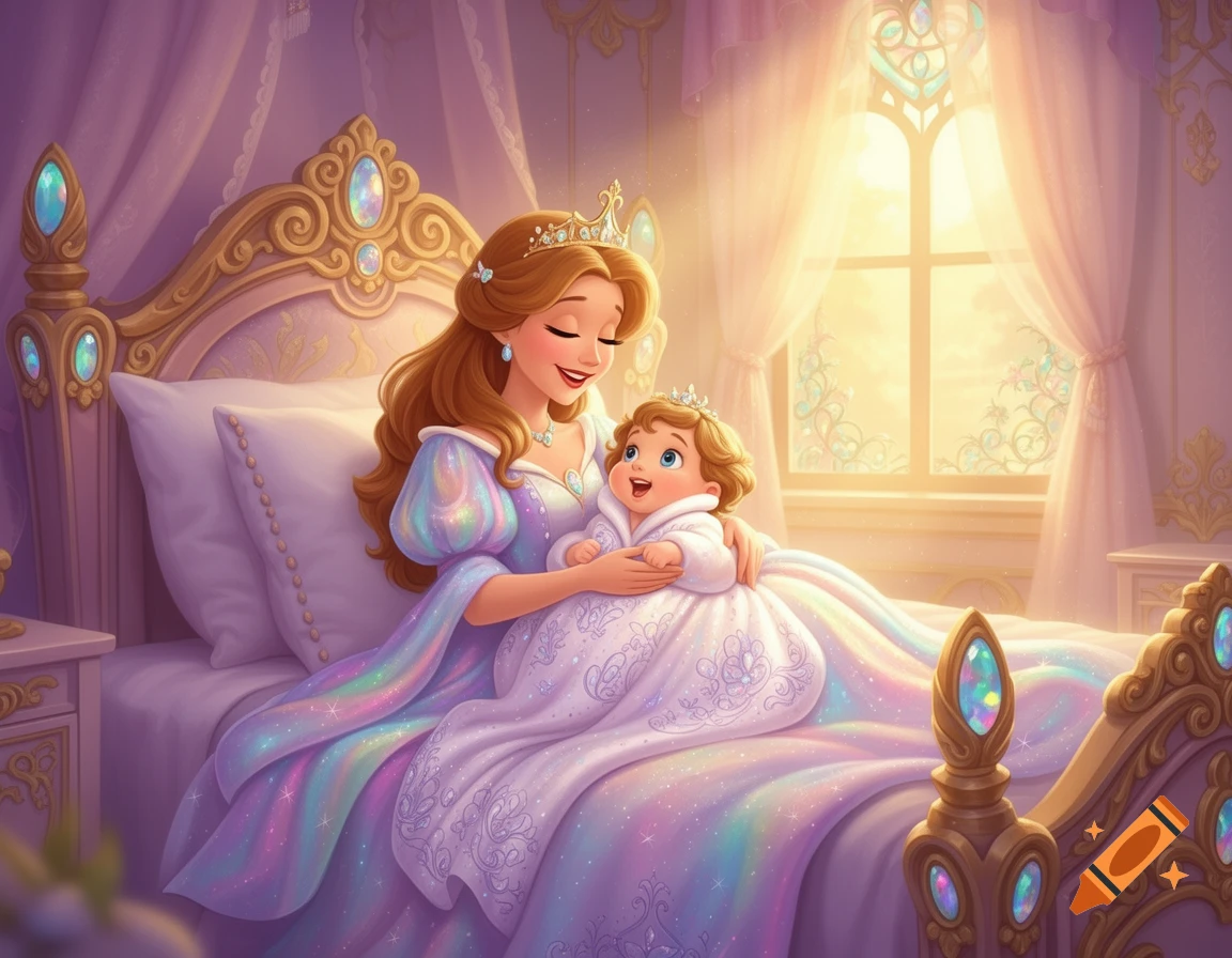 Colorful cartoon illustration of a queen cuddling her baby princess in ...