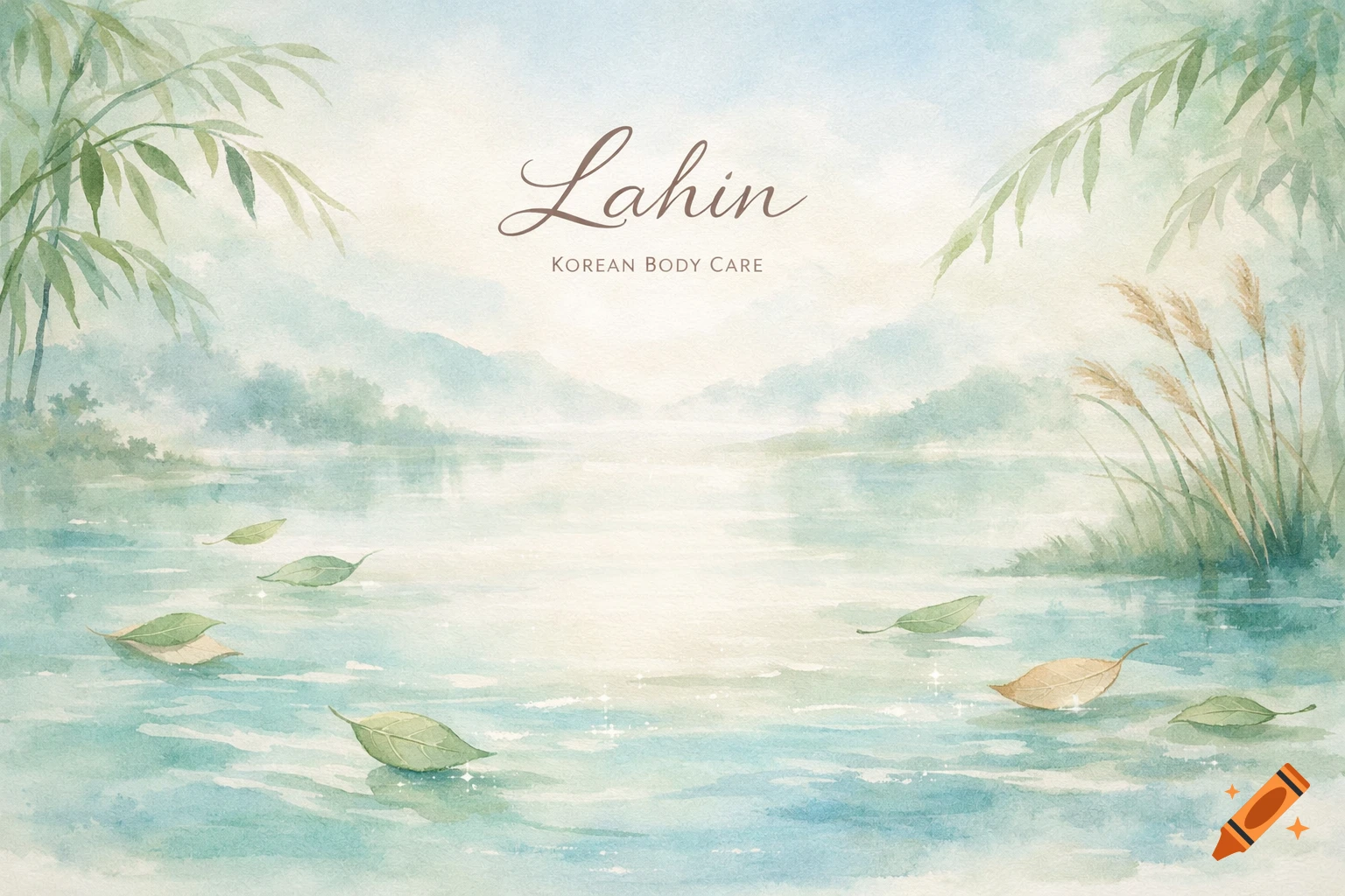 Watercolor landscape of a tranquil lake with floating leaves, bamboo ...