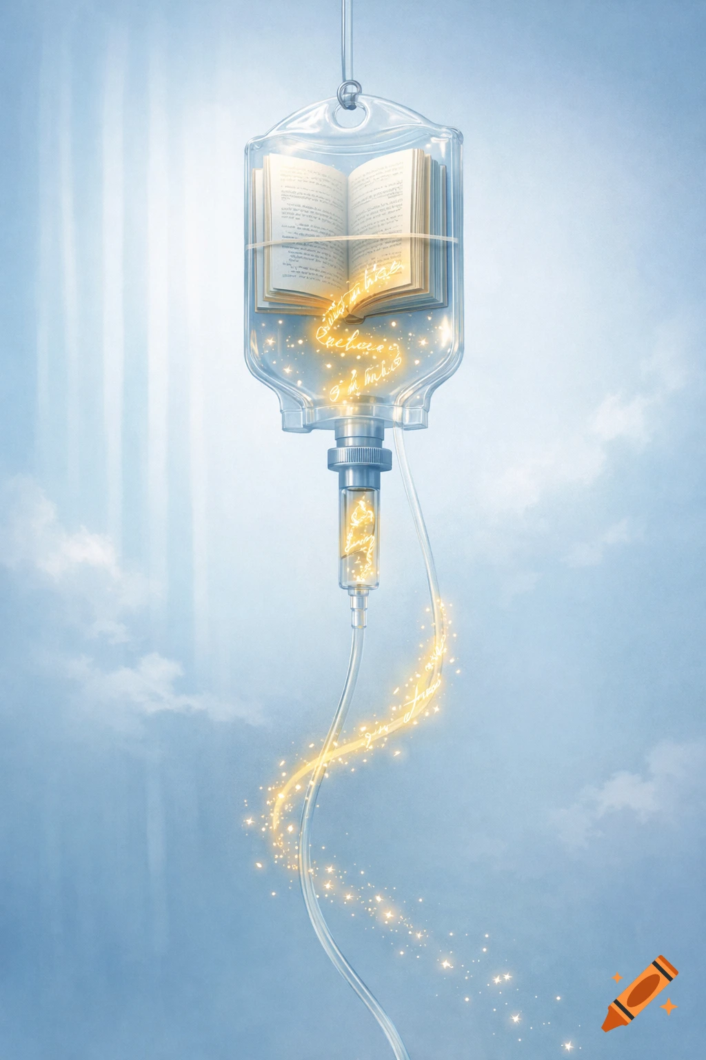 A glowing open book inside an IV drip bag, with golden light and ...