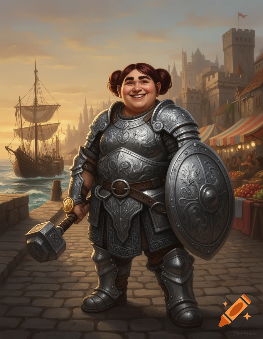 A smiling female dwarf knight in detailed silver armor, holding a ...