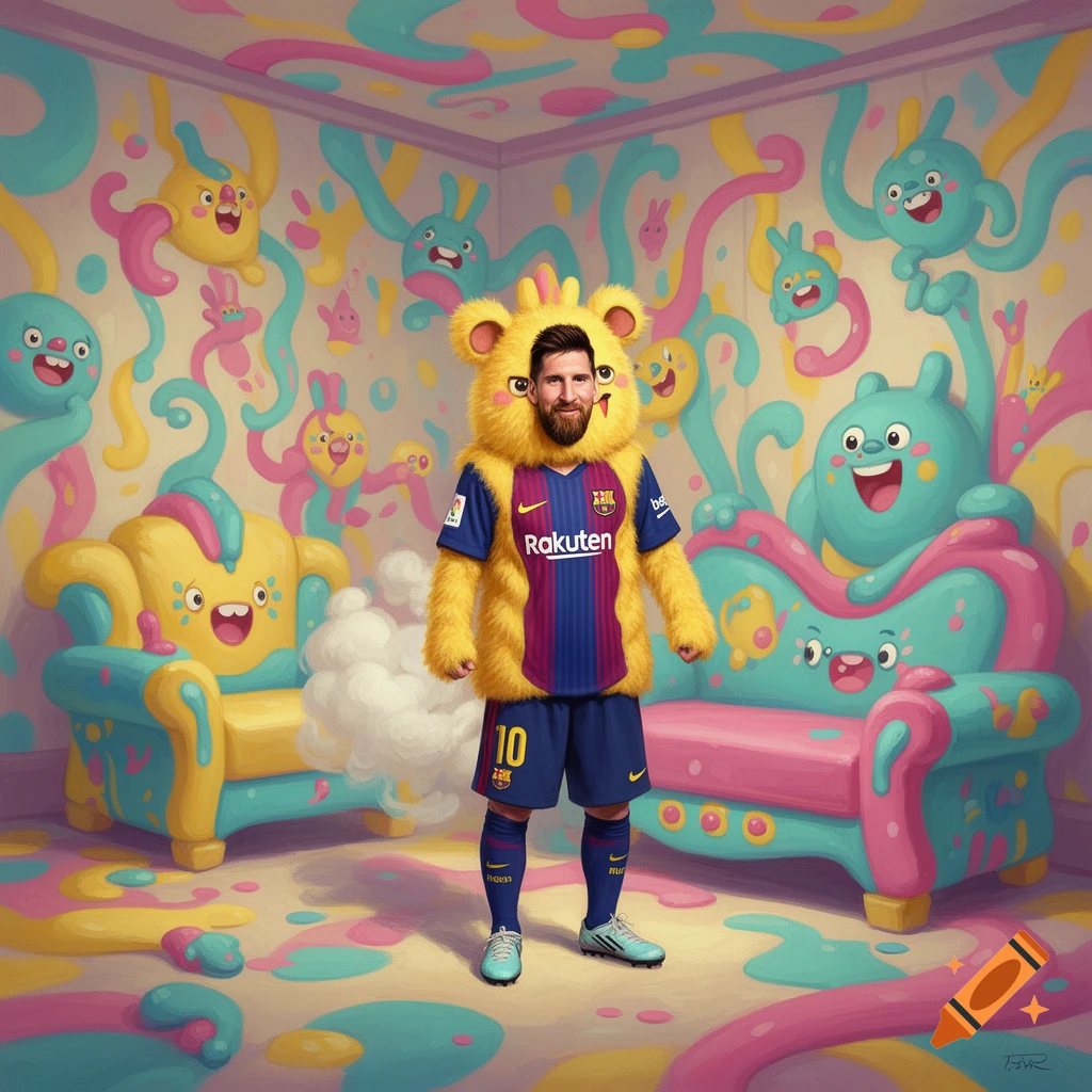 Lionel Messi, in a yellow fuzzy monster costume over his Barcelona ...
